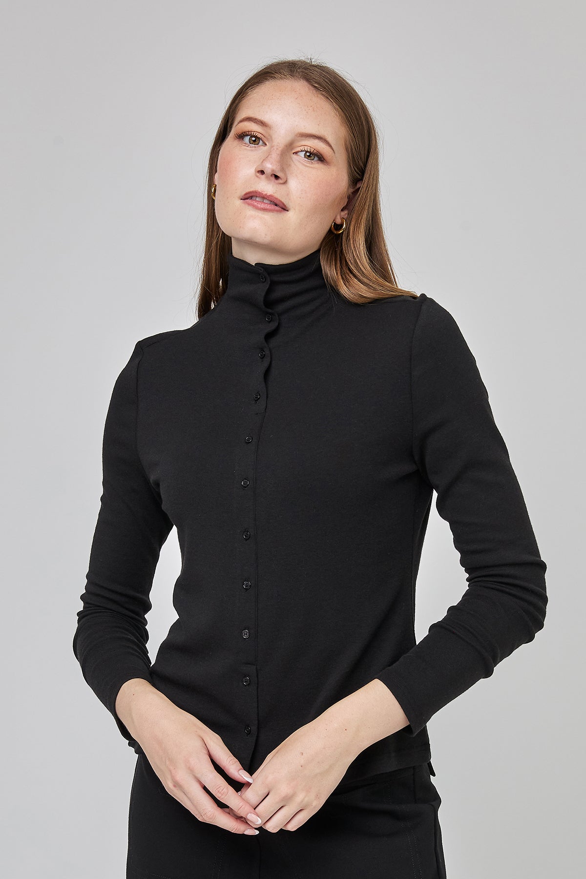 Button-down mock neck top | CF25-312 - Black – UCHUU